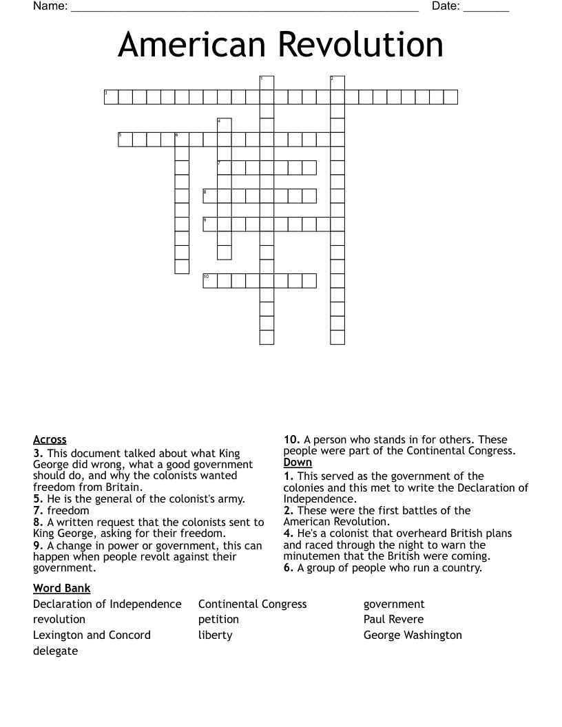 American Revolution Crossword - WordMint