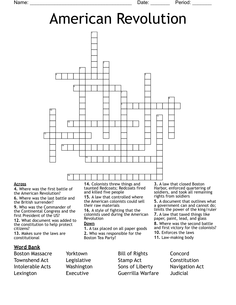 American Revolution Crossword - WordMint
