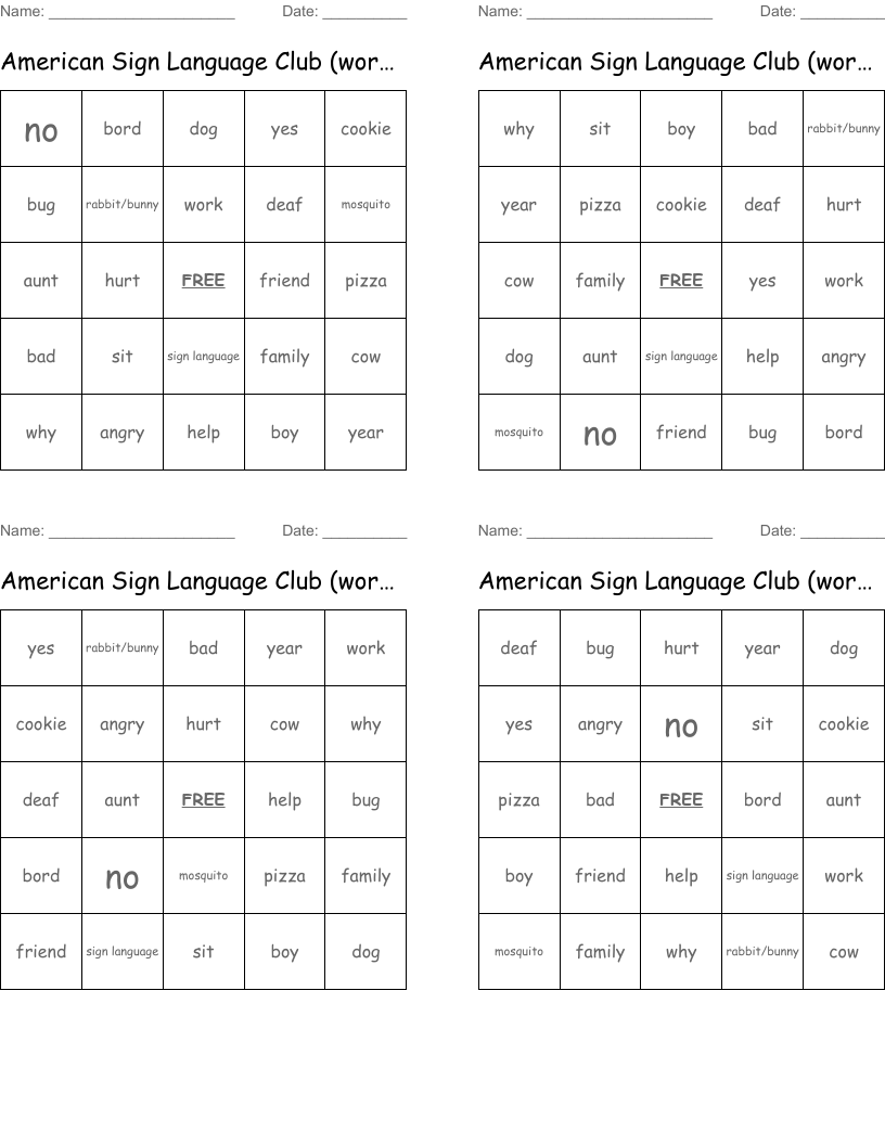 American Sign Language Club (work sheet) Bingo Cards - WordMint