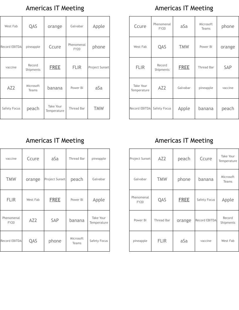 Americas IT Meeting Bingo Cards - WordMint