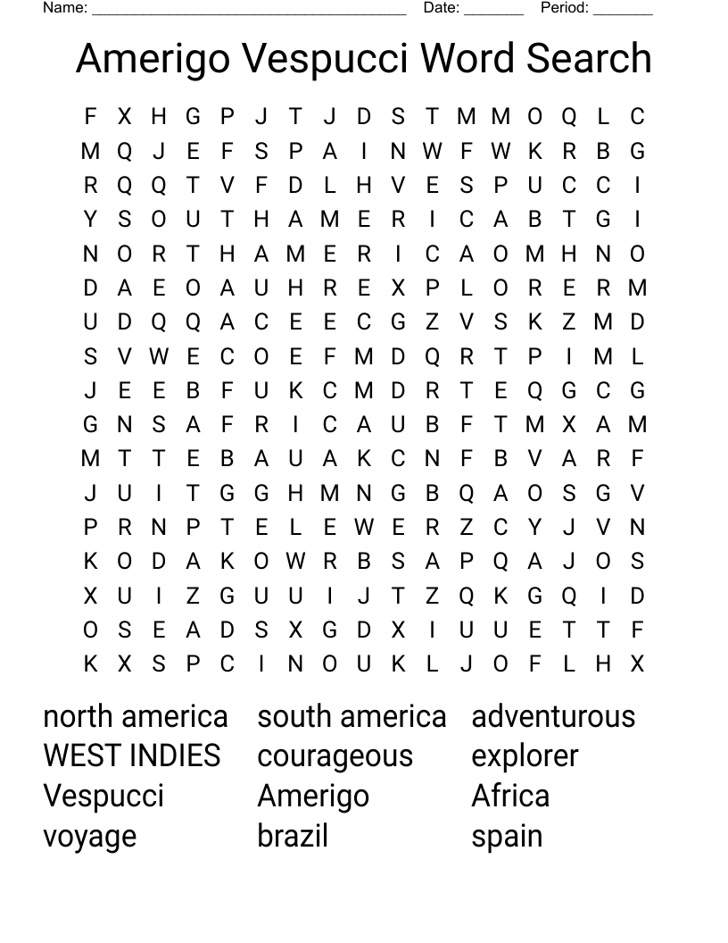 Amerigo Vespucci Word Search - WordMint