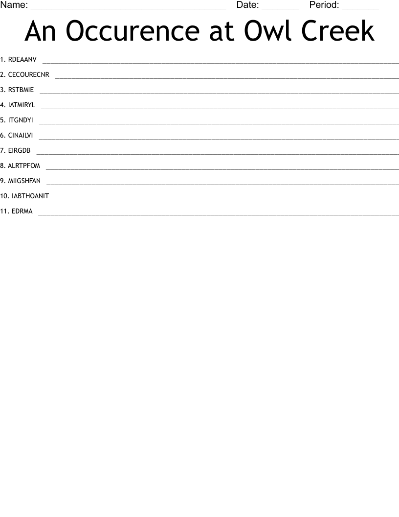 An Occurence at Owl Creek Word Scramble - WordMint