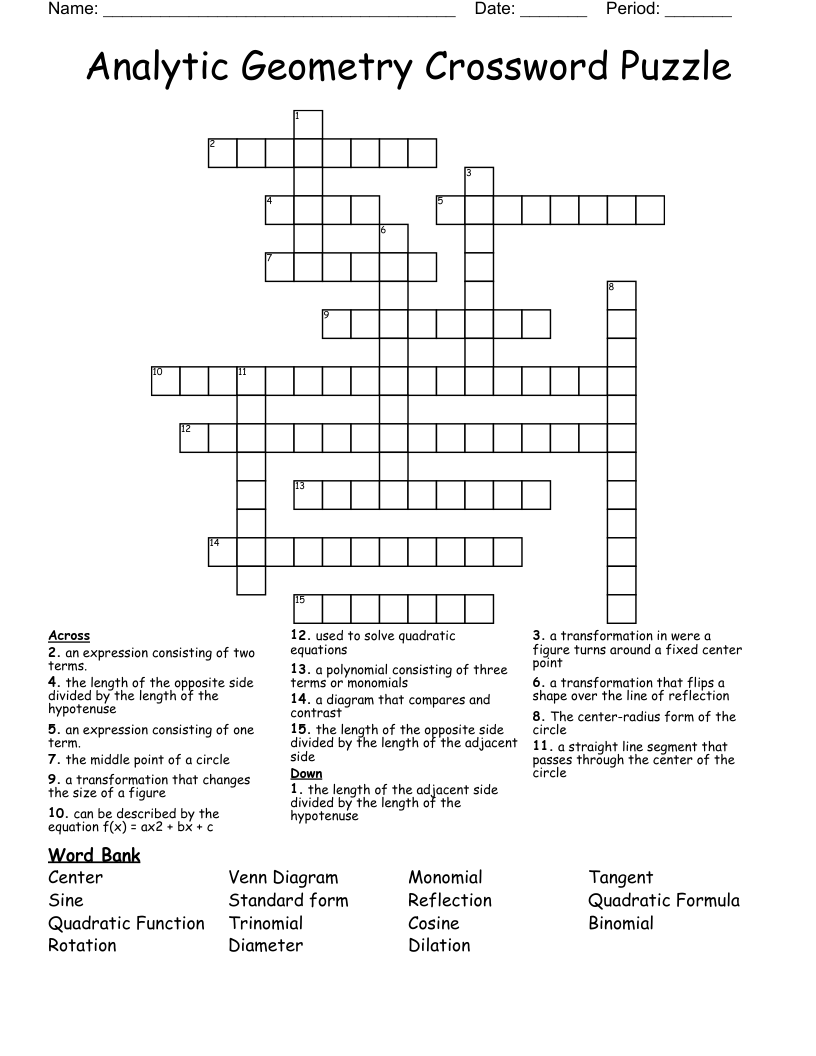 Analytic Geometry Crossword Puzzle - WordMint