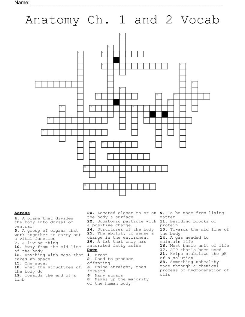 Anatomy Ch. 1 and 2 Vocab Crossword - WordMint