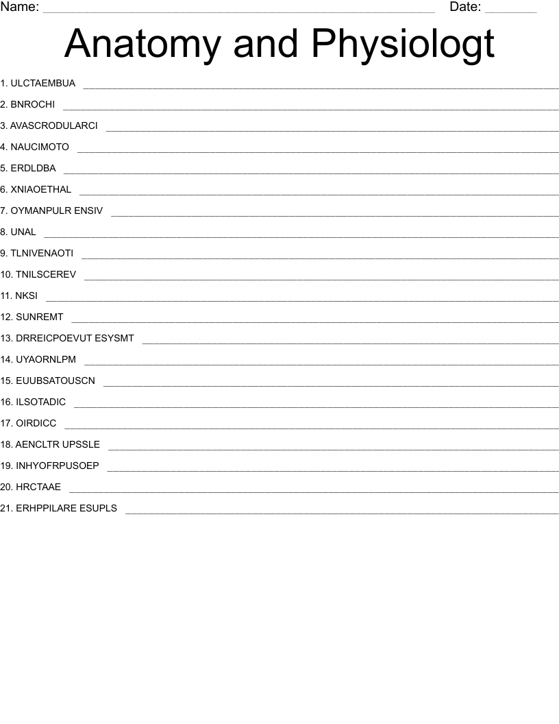 Anatomy and Physiologt Word Scramble - WordMint