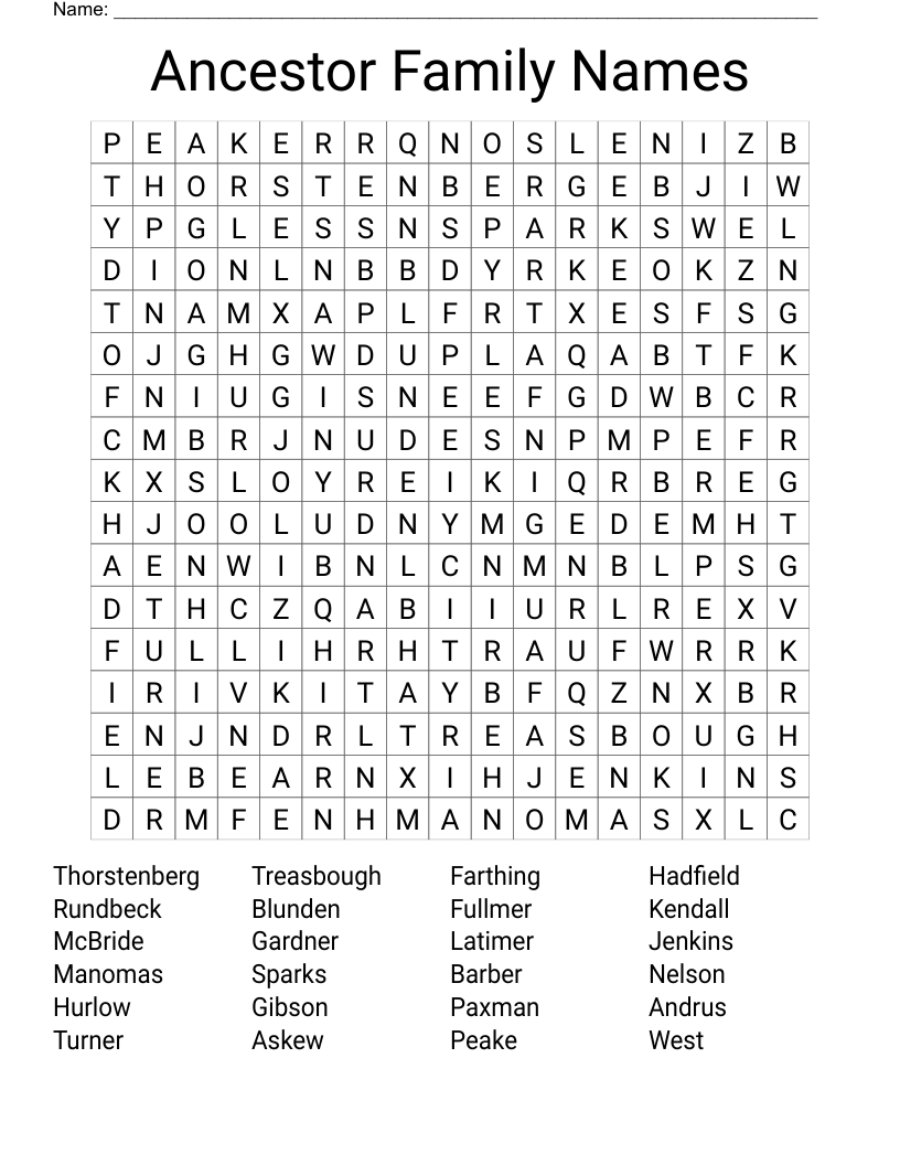 Ancestor Family Names Word Search - WordMint