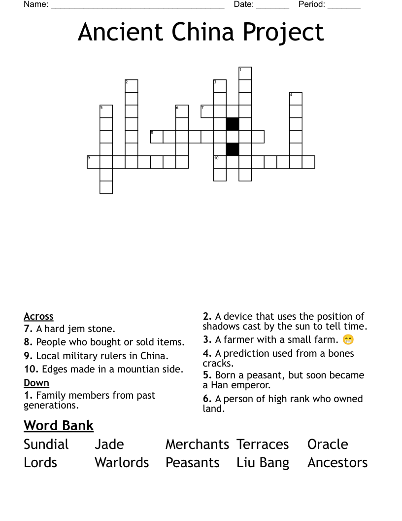 Ancient China Project Crossword - WordMint