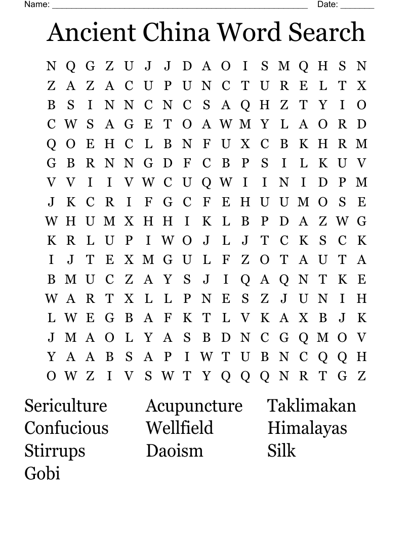 Ancient China Word Search - WordMint