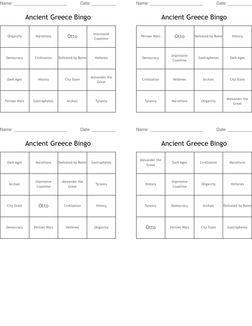 Ancient Greece Bingo - WordMint