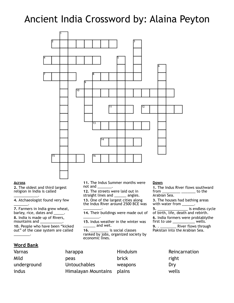Ancient India Crossword by: Alaina Peyton - WordMint