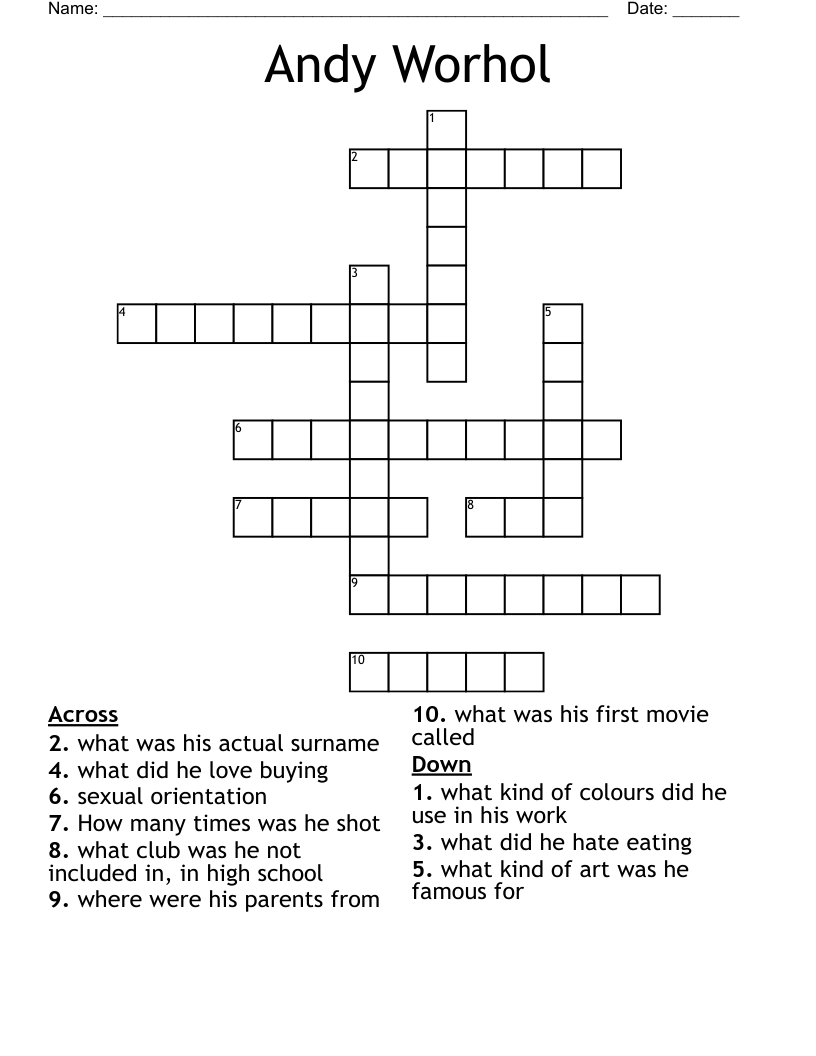 Andy Worhol Crossword - WordMint