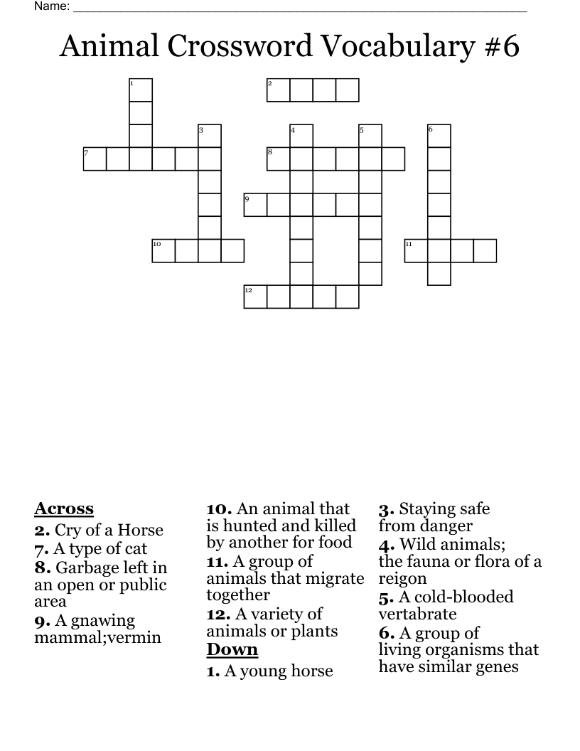 Animal Crossword Vocabulary #6 - WordMint