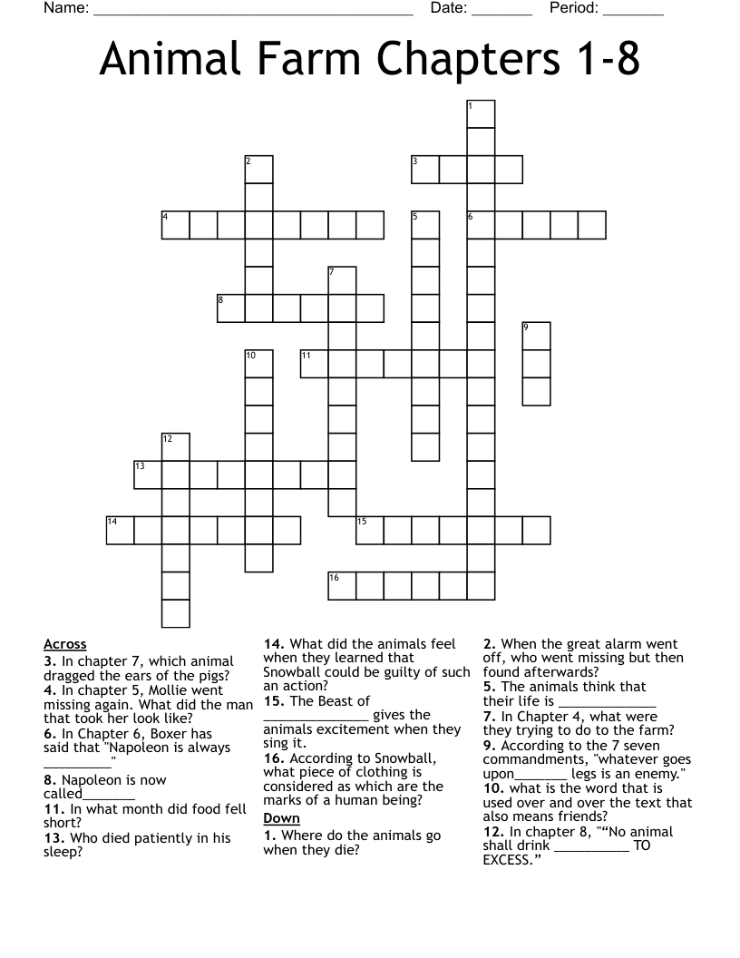 Animal Farm Chapters 1-8 Crossword - WordMint