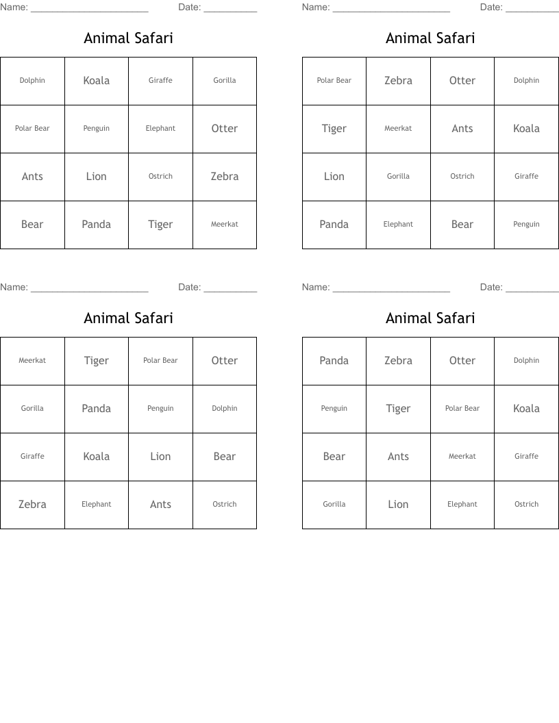 Animal Safari Bingo Cards - WordMint