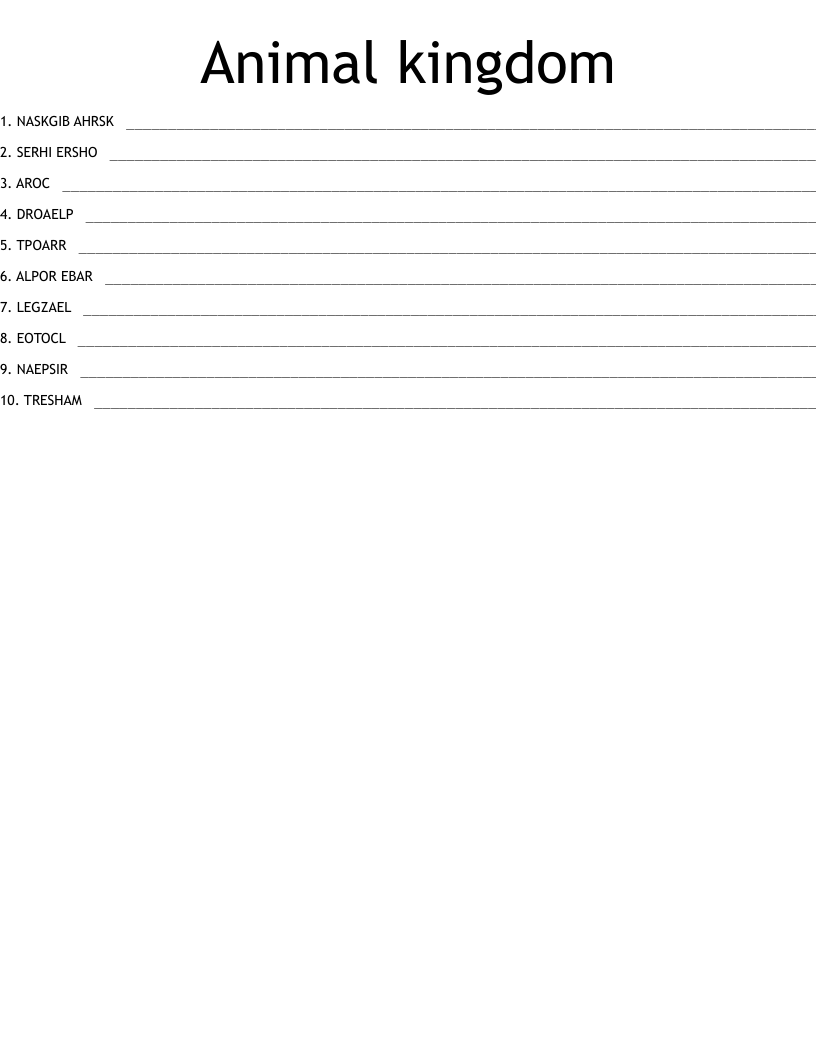 Animal kingdom Word Scramble - WordMint