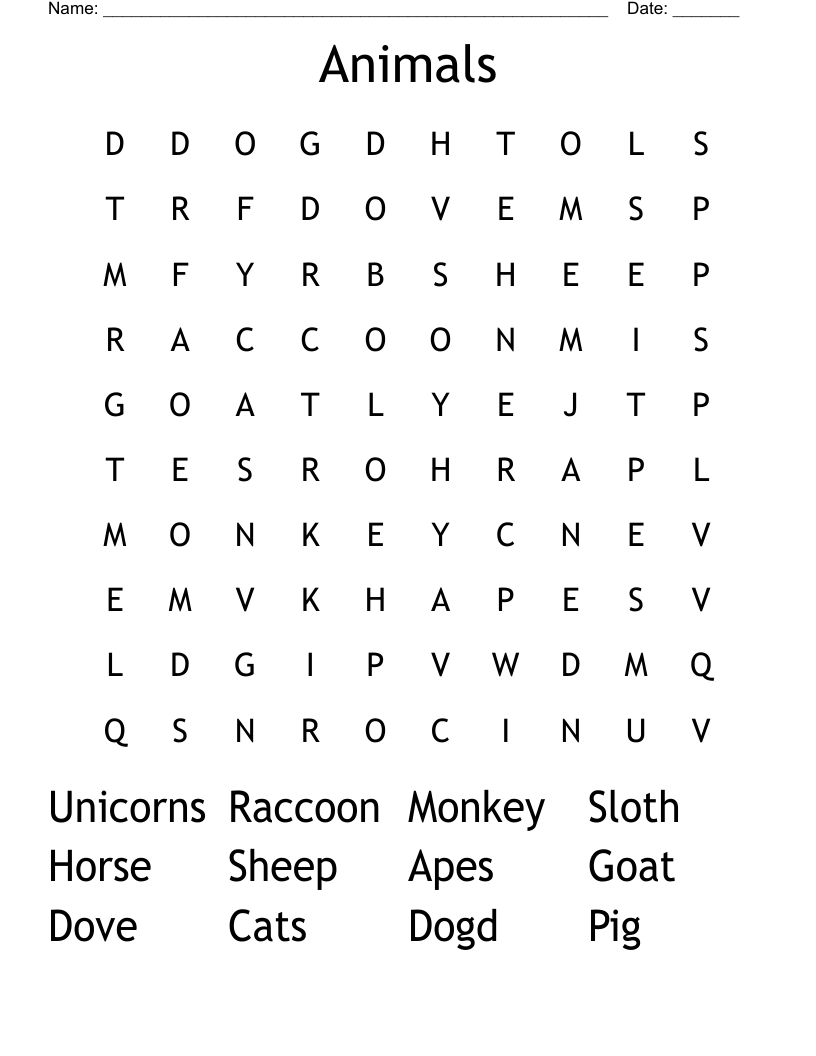Animals Word Search WordMint