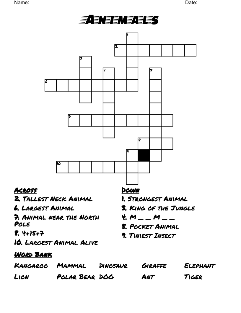 Animals Crossword - WordMint