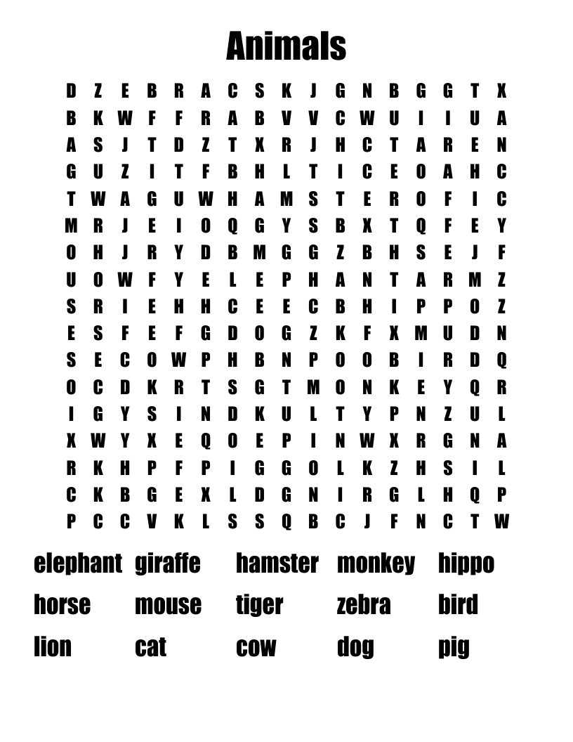 Animals Word Search WordMint