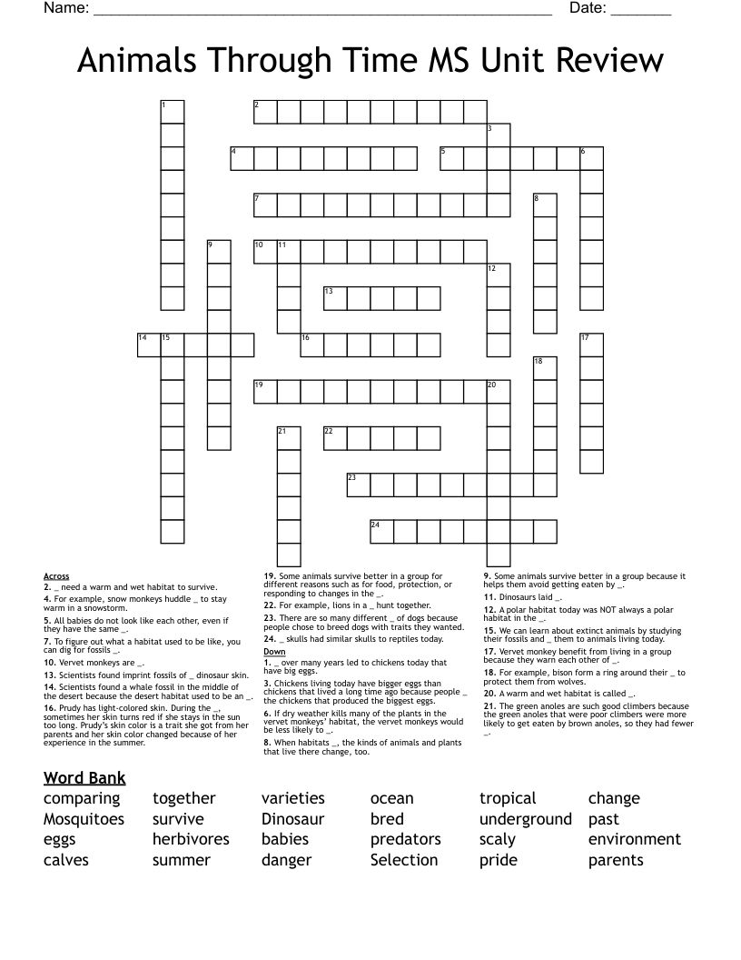 Animals Through Time MS Unit Review Crossword - WordMint