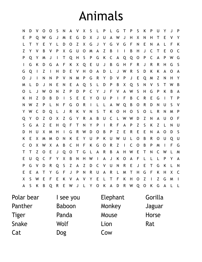 Animals Word Search WordMint