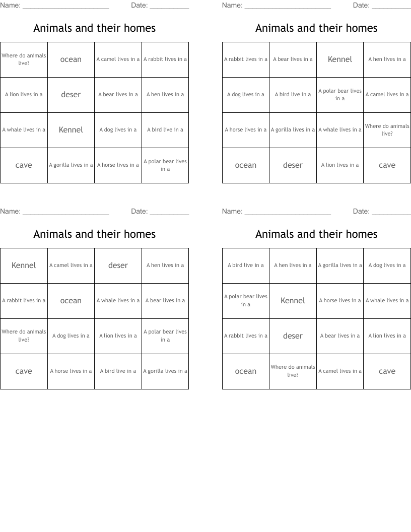 Animals and their homes Bingo Cards - WordMint