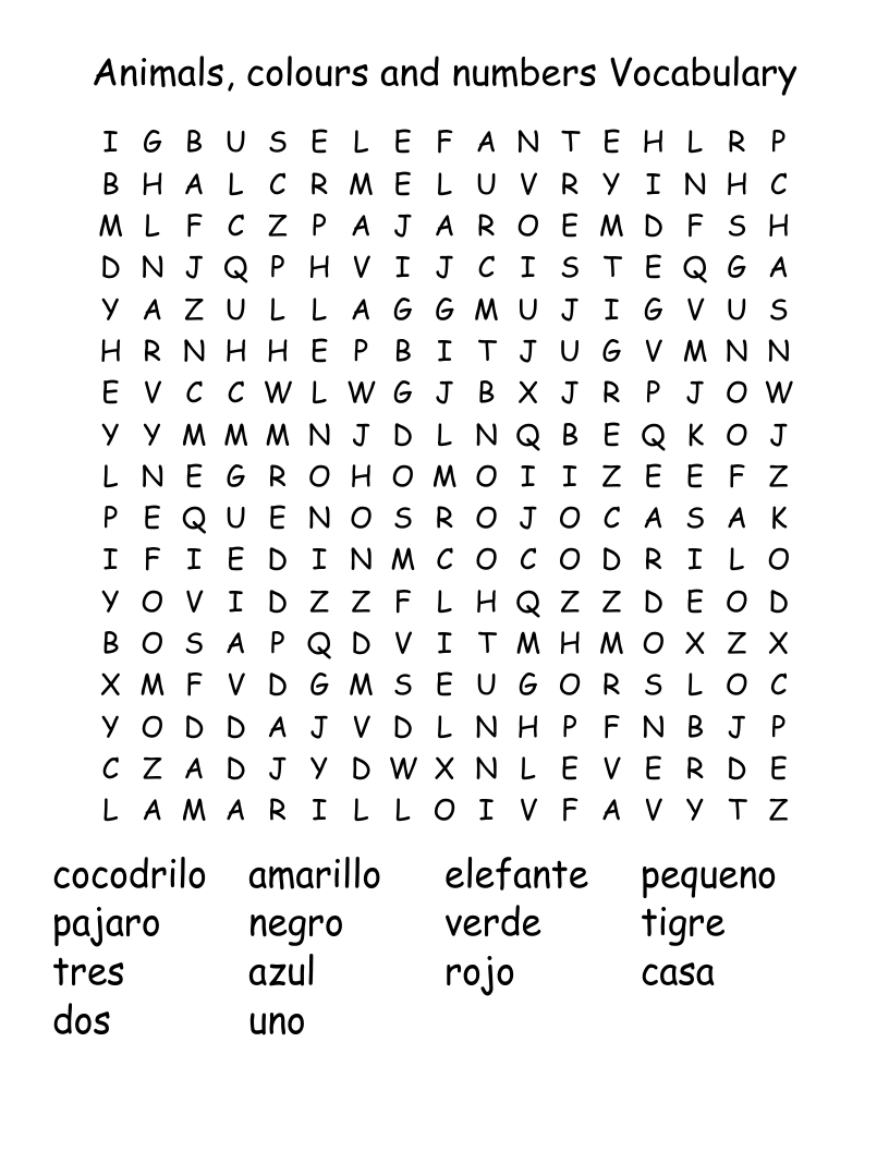 Animals, colours and numbers Vocabulary Word Search - WordMint