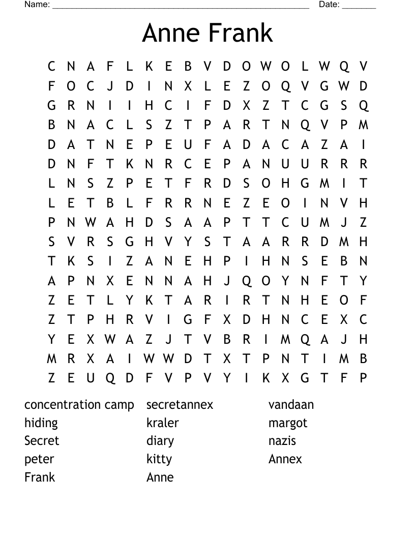 Anne Frank Word Search - WordMint