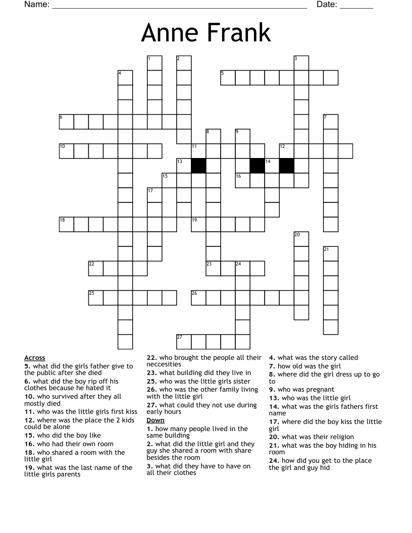 Anne Frank Crossword - WordMint
