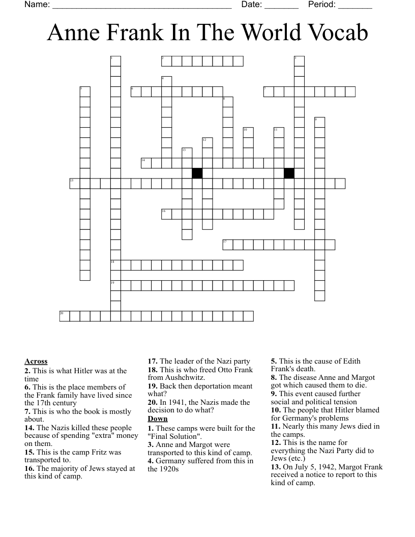 Anne Frank In The World Vocab Crossword - WordMint