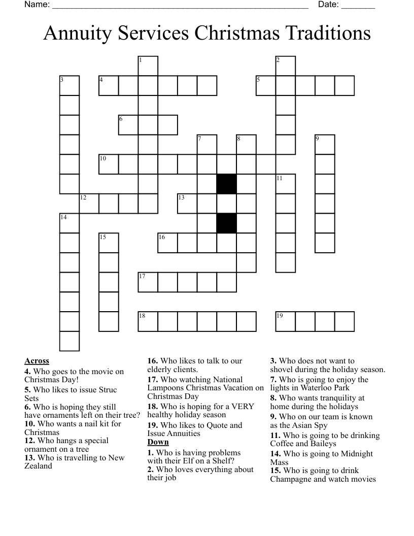 Annuity Services Christmas Traditions Crossword - WordMint