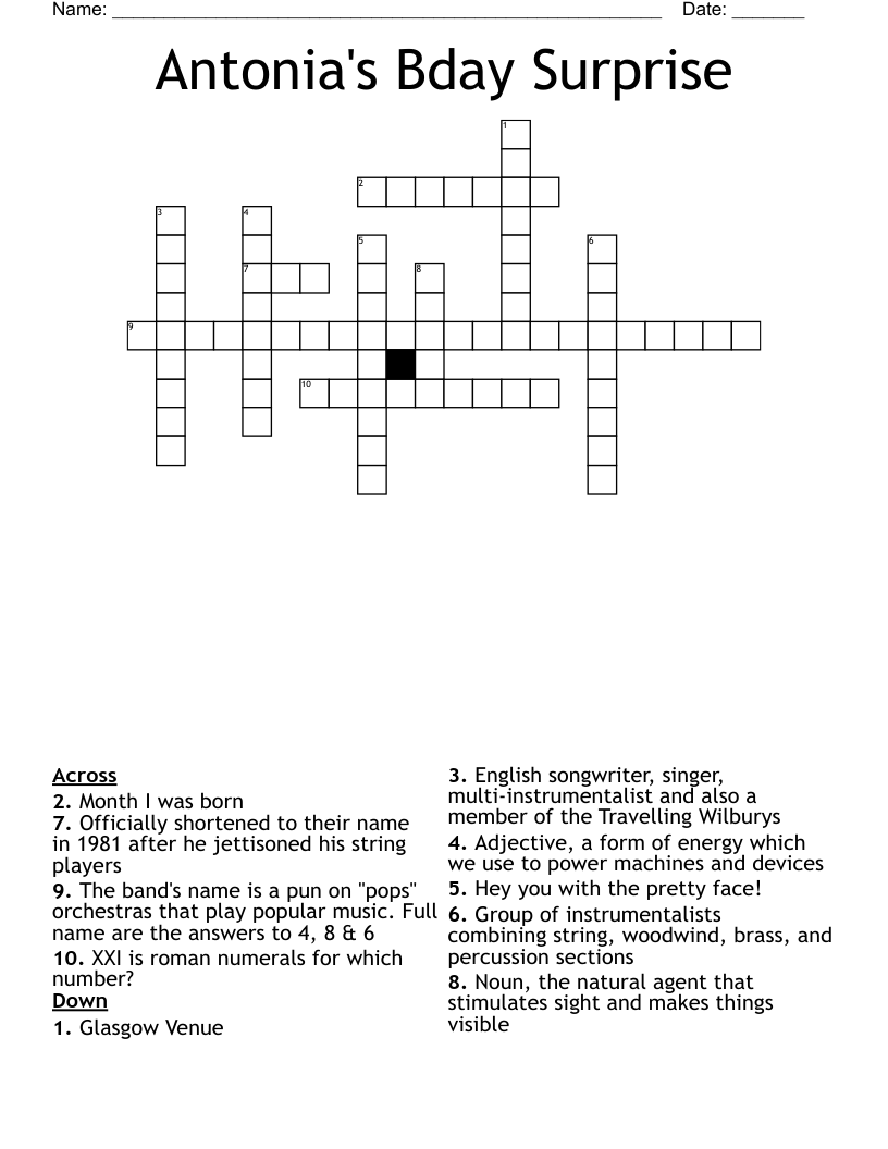 Antonia's Bday Surprise Crossword - WordMint