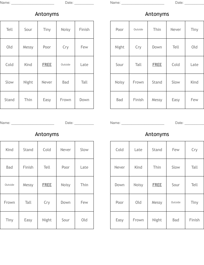 Antonyms Bingo Cards - WordMint