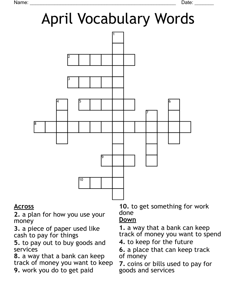 April Vocabulary Words Crossword - WordMint