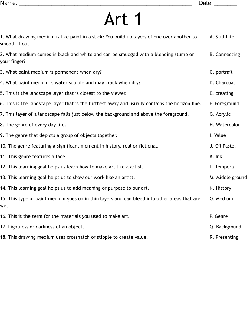 Art 1 Worksheet - WordMint