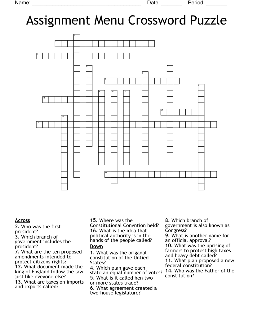 Assignment Menu Crossword Puzzle - WordMint