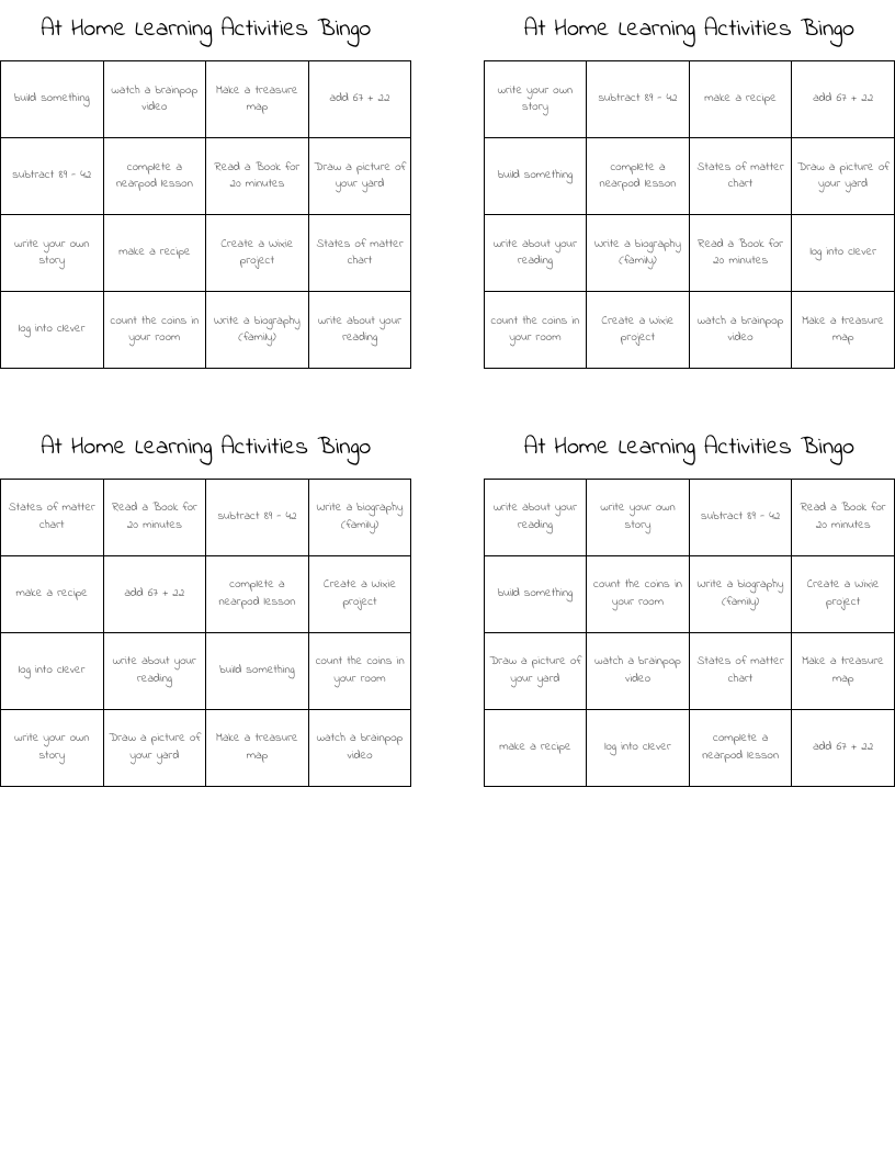 At Home Learning Activities Bingo - WordMint