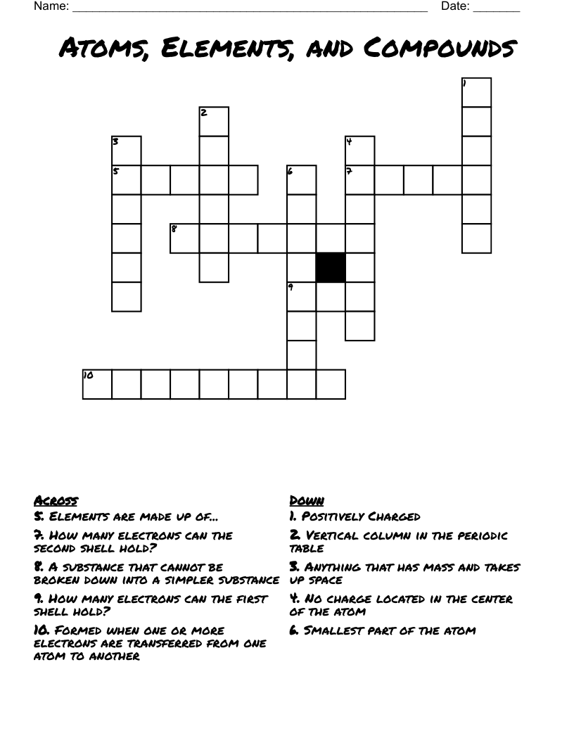 Atoms, Elements, and Compounds Crossword - WordMint