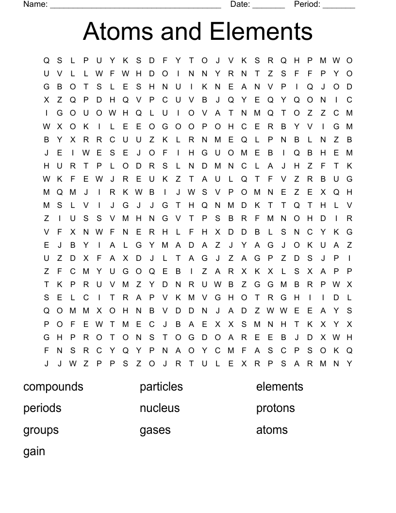 Atoms and Elements Word Search - WordMint