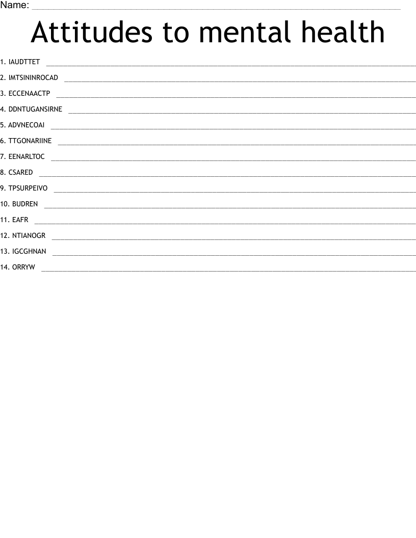 Attitudes to mental health Word Scramble - WordMint