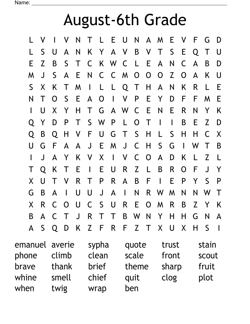 August 6th Grade Word Search WordMint