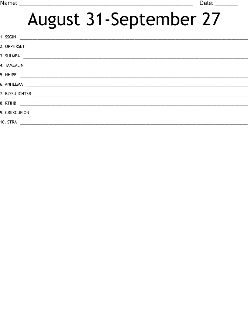 August 31-September 27 Word Scramble - WordMint