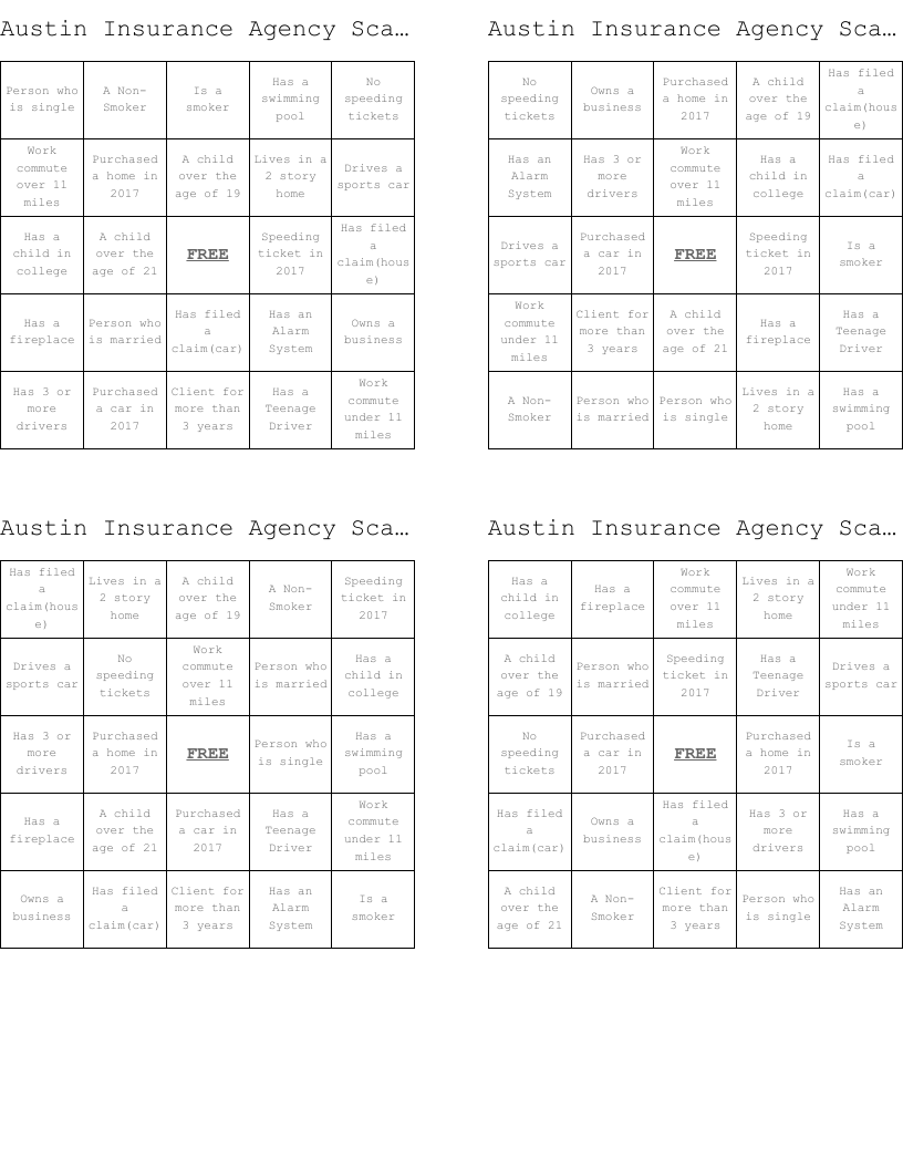 Austin Insurance Agency Scavenger Hunt Bingo Cards - WordMint