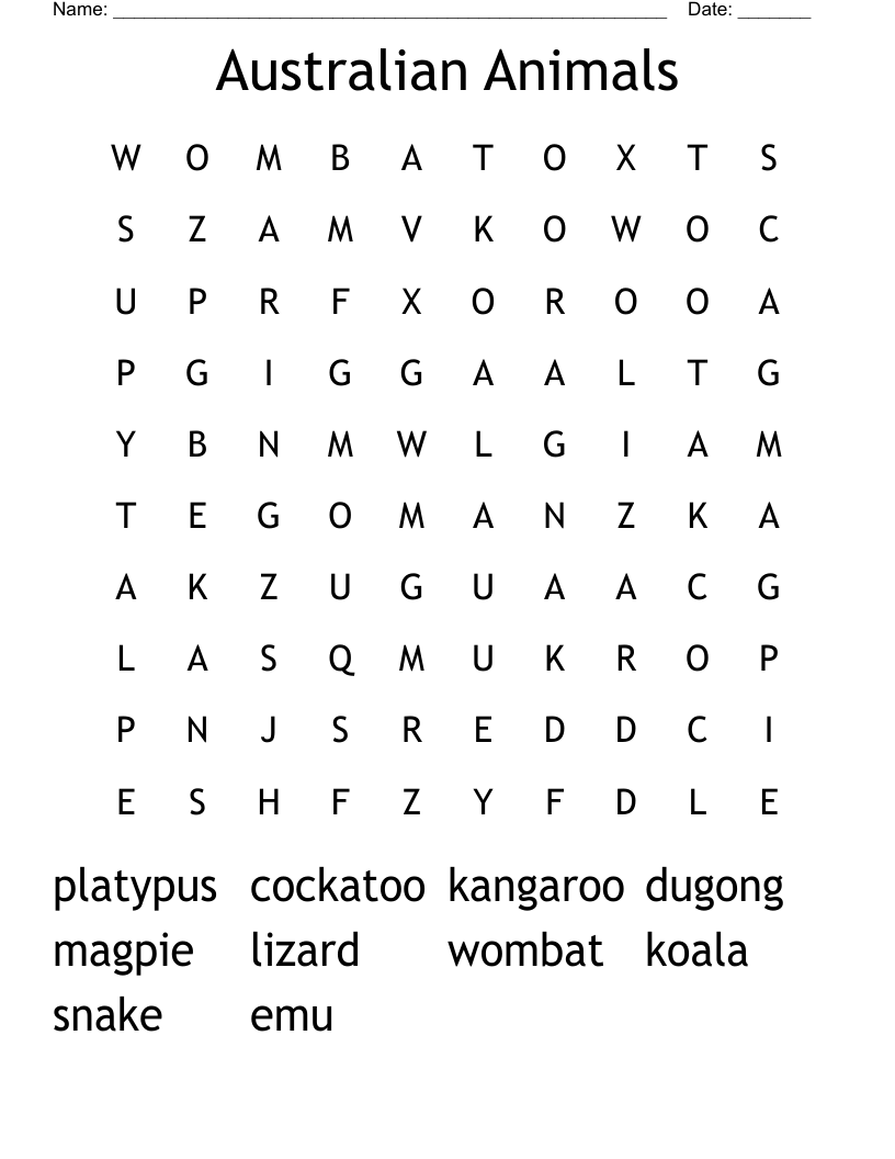 Australian Animals Word Search - WordMint