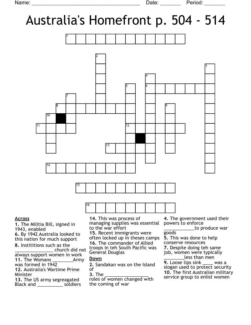 Australia's Homefront p. 504 - 514 Crossword - WordMint
