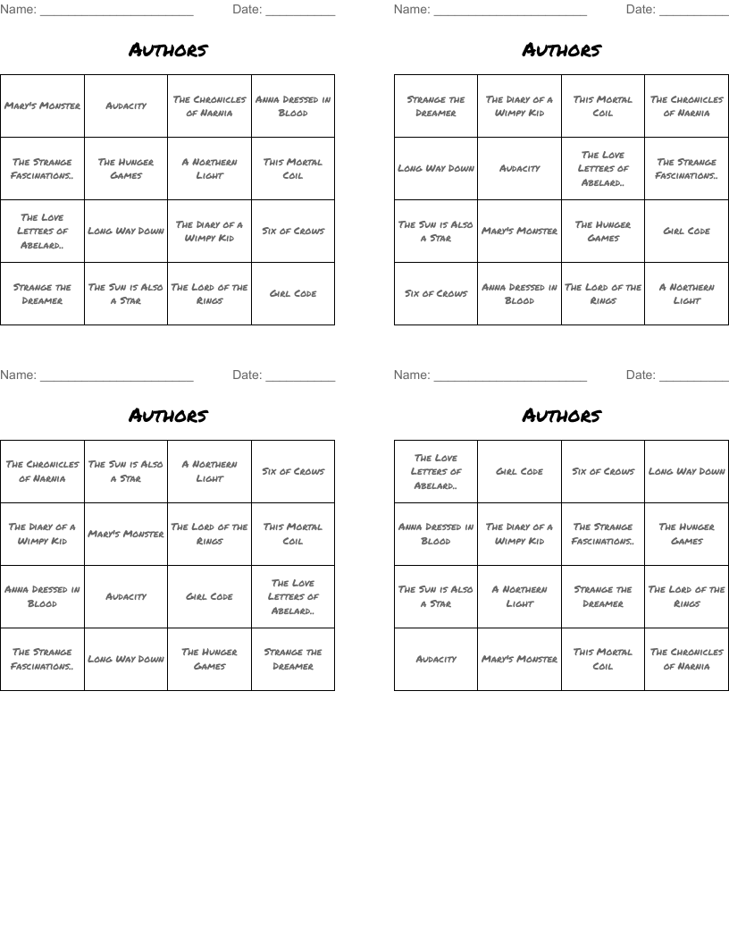 Authors Bingo Cards - WordMint