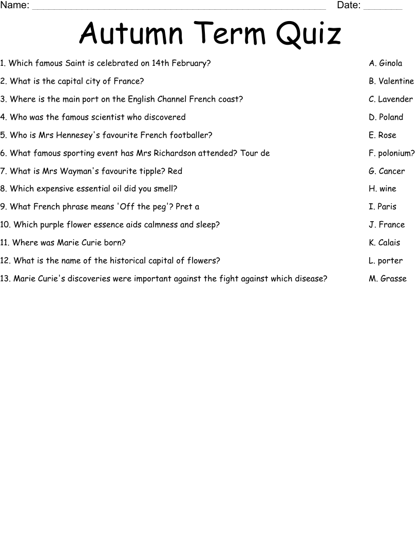 Autumn Term Quiz Worksheet - WordMint