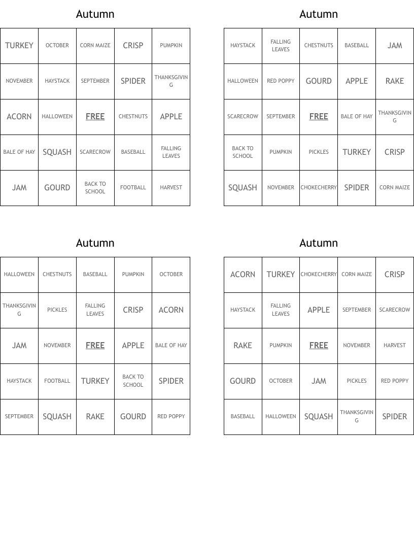 Autumn Bingo Cards WordMint