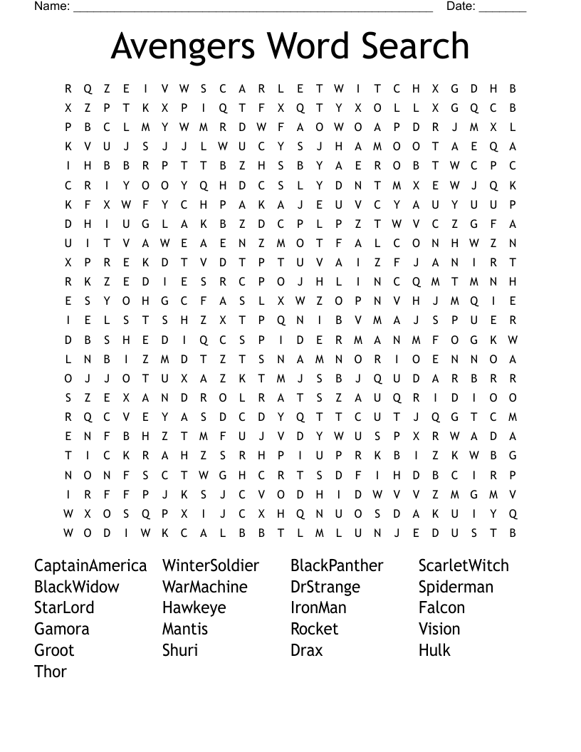Avengers Word Search WordMint