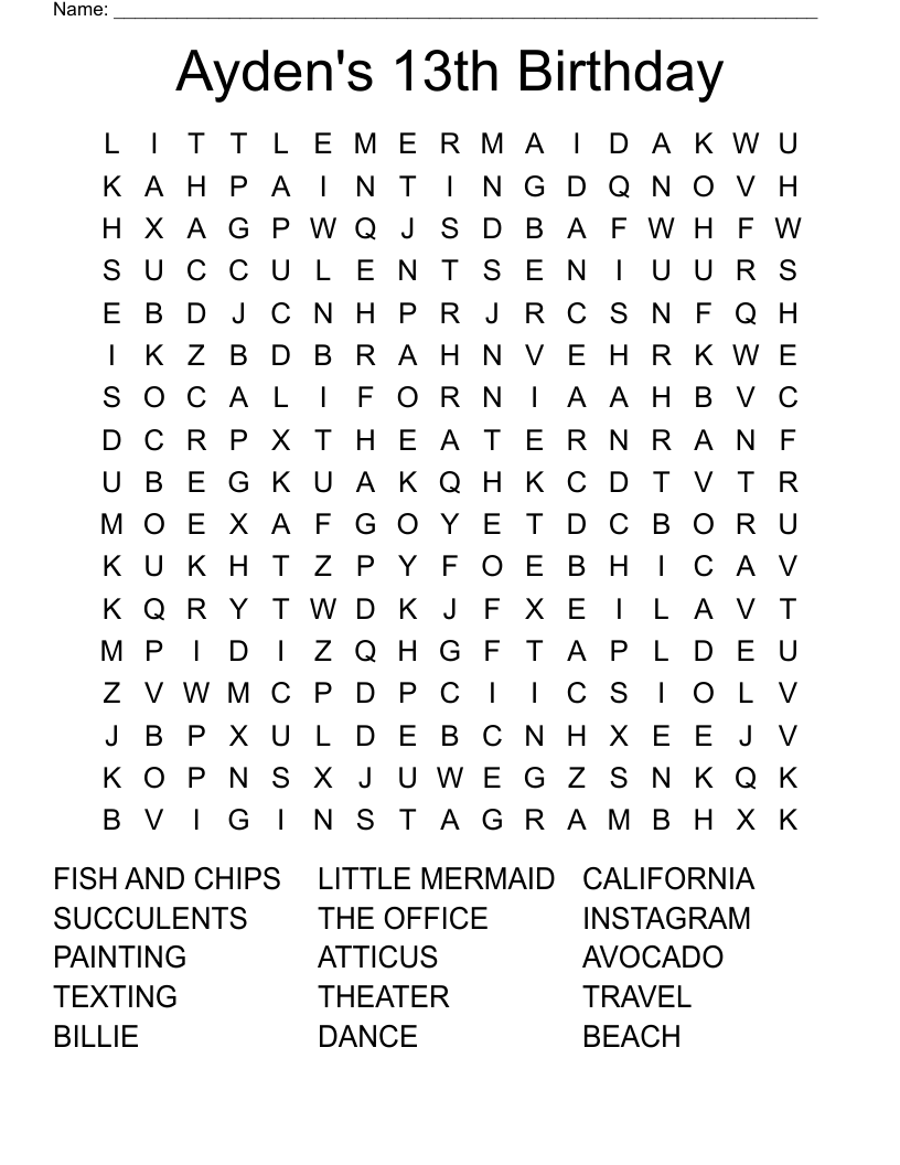 Ayden's 13th Birthday Word Search - WordMint