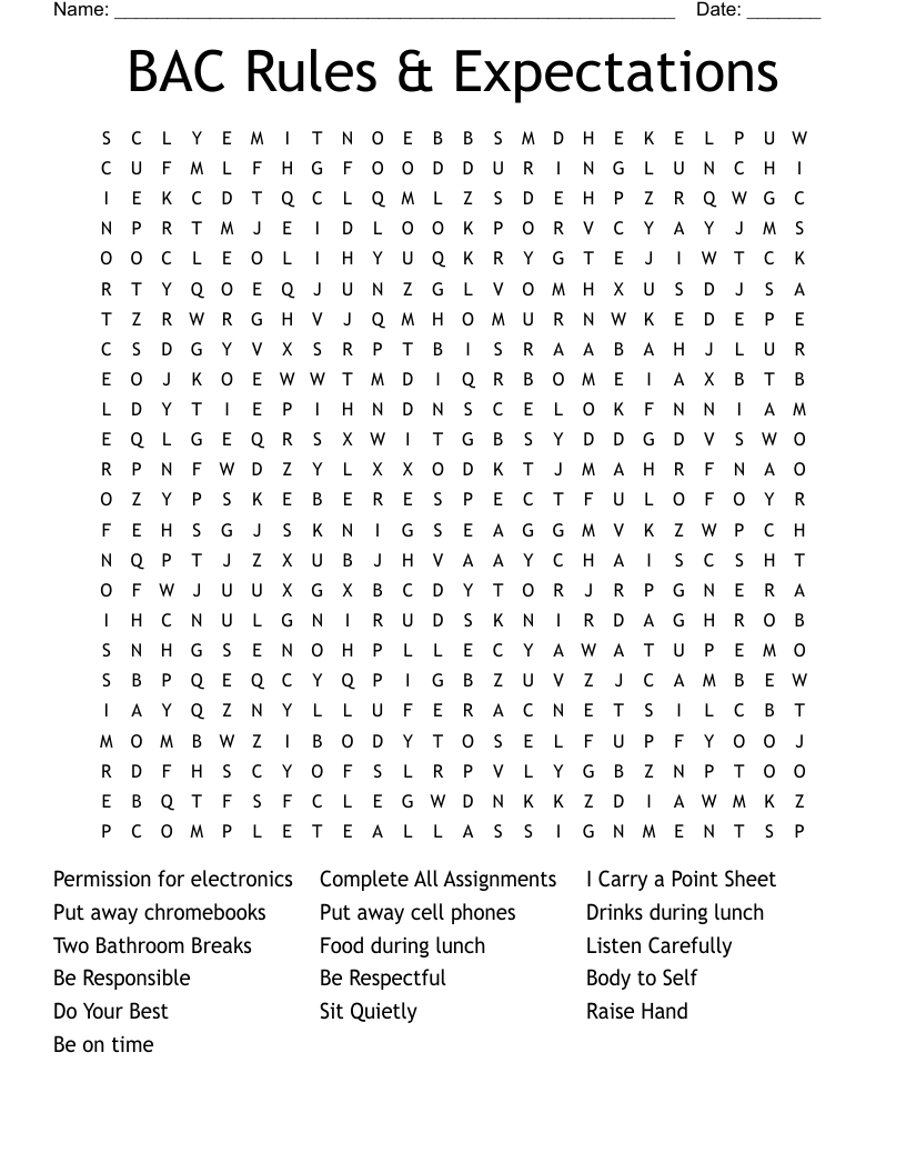 BAC Rules & Expectations Word Search - WordMint